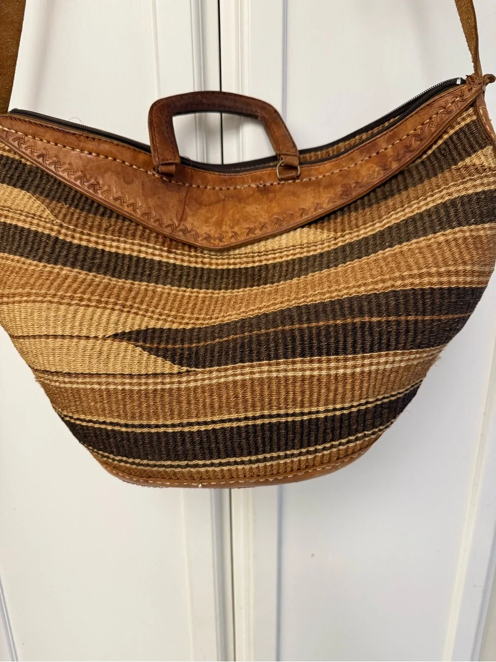 Bags | Woven Straw Shoulder Bag With Leather Trim In Brown | Poshmark